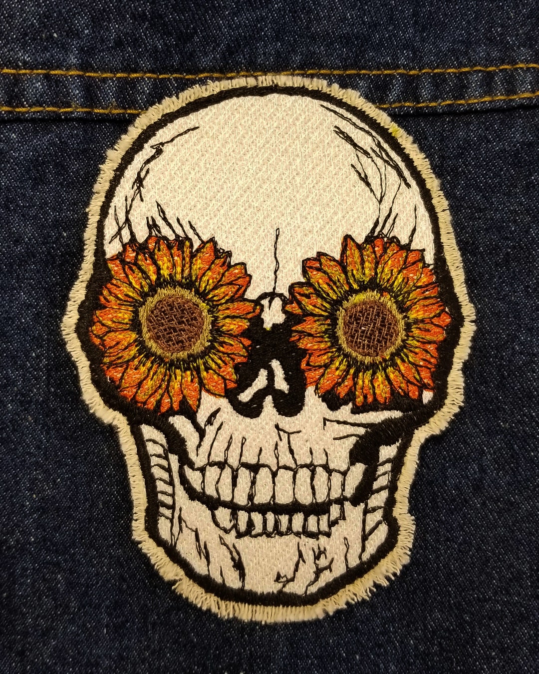 Skull With Sunflower Eyes Embroidered Patch Back Patch Backpack Patch ...
