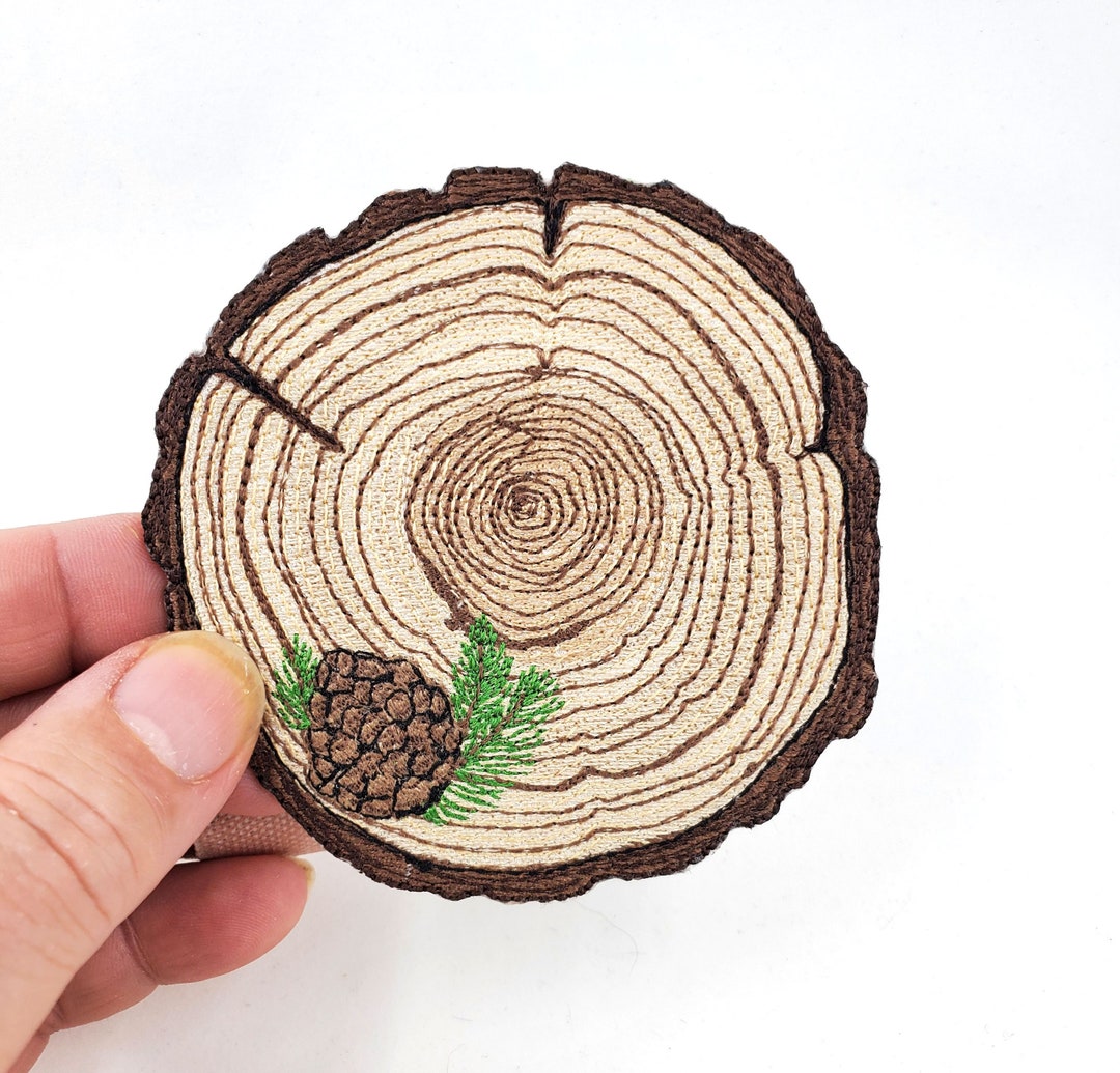 Plant Patch - Log Slice With Pine Cone Embroidered Patch - Outdoors ...