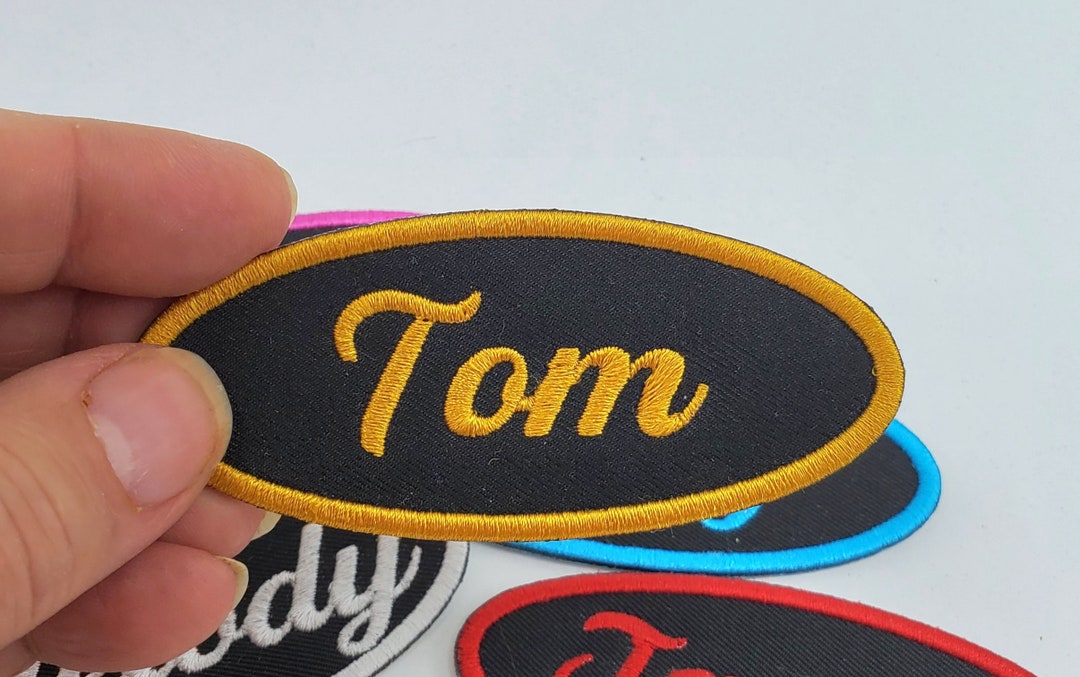 BLACK BACKGROUND Custom Name Patch Embroidered Iron on Name Tag - Garage Name Tag - Name Iron on ...