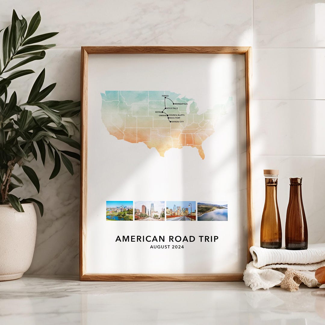 USA Personalised Travel Map Print With Photo Collage Custom Map Poster Road Trip Print ...
