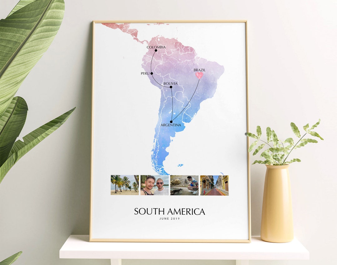 South America Personalised Travel Map Print With Photo Collage Wall ...