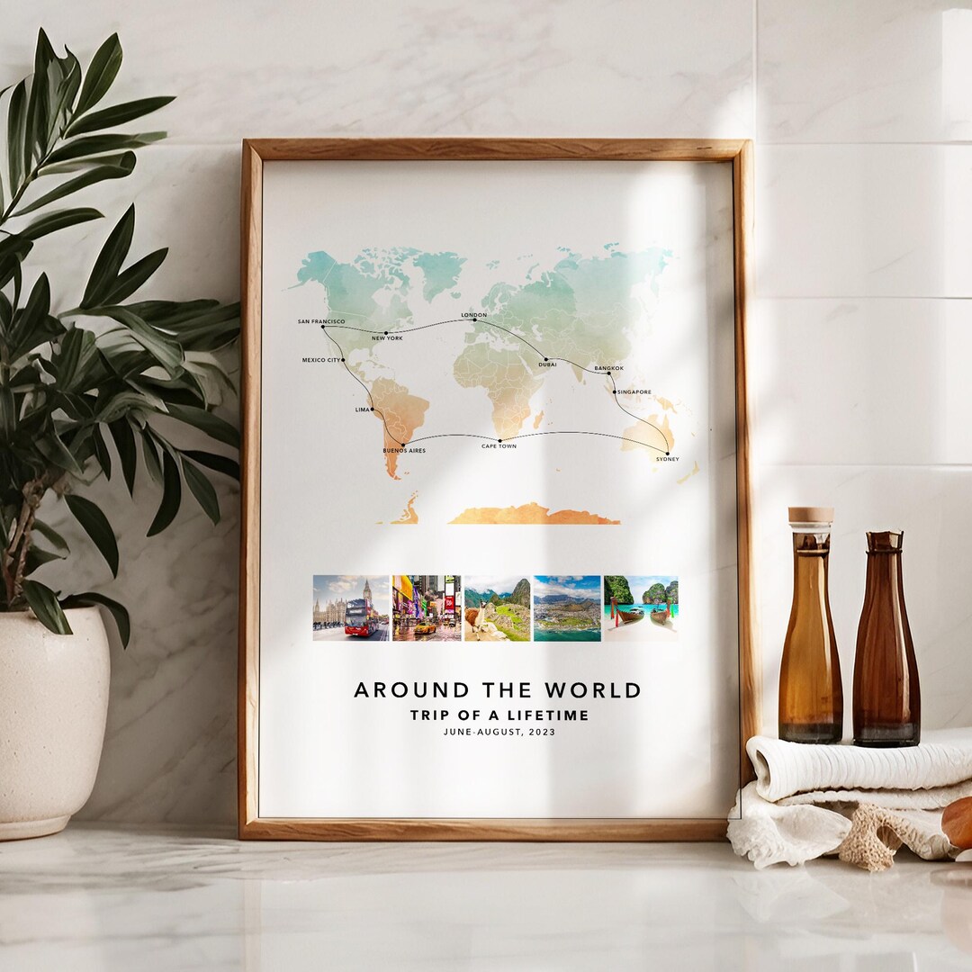 World Travel Personalised Map Print With Photo Collage Custom Map ...