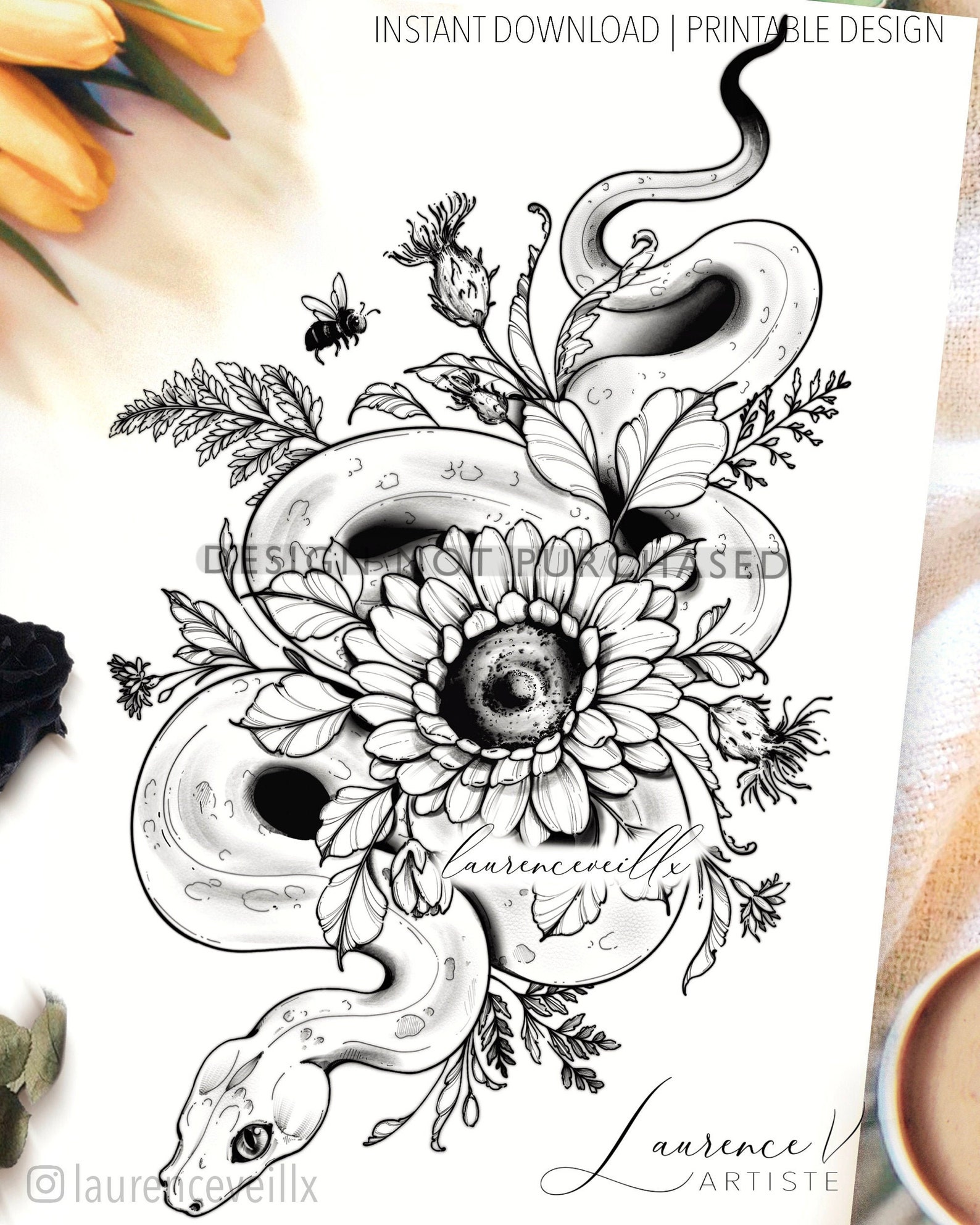 Instant download Tattoo Design Snake Sunflower and | Etsy
