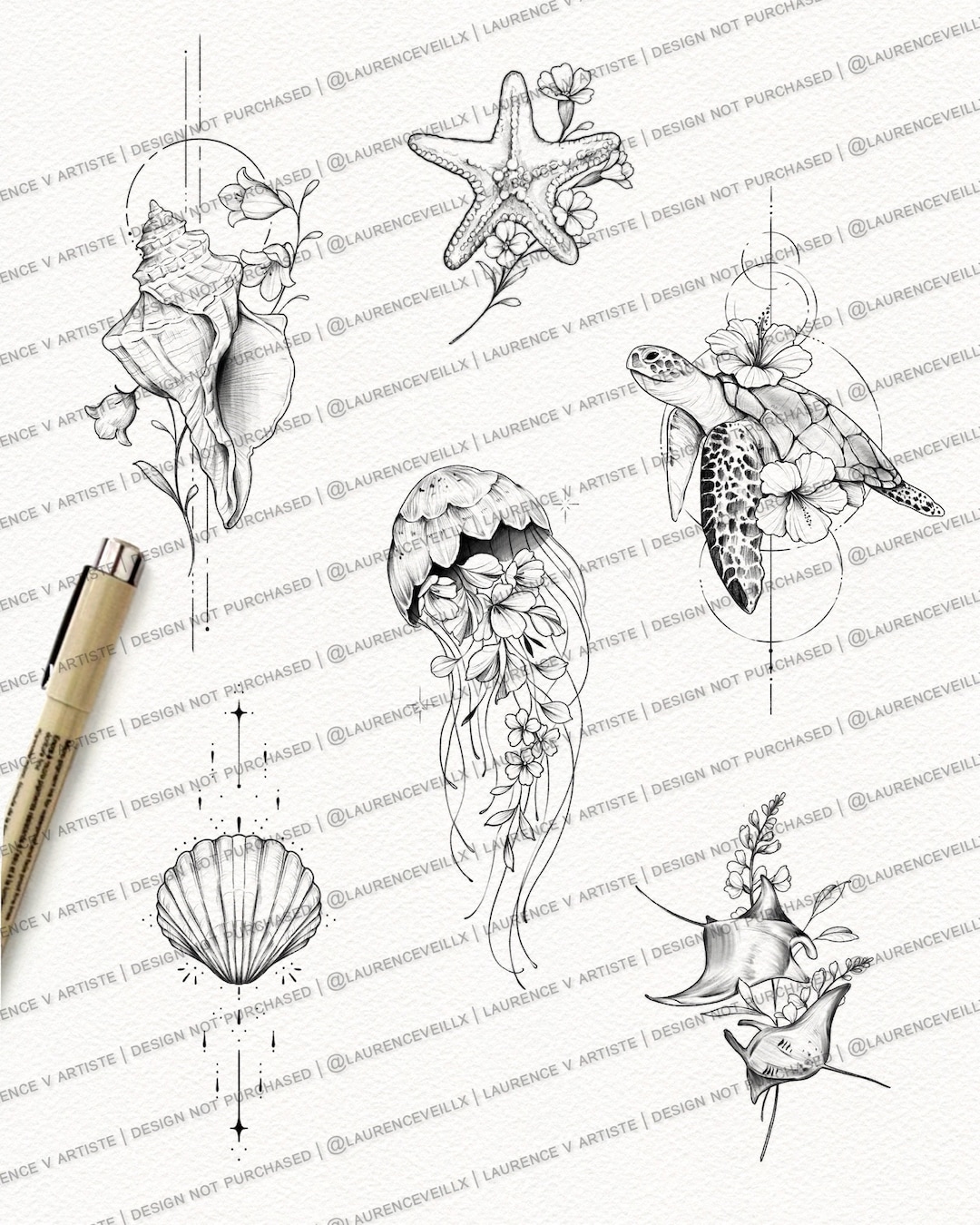 Tattoo Design for Women | Ocean Sea Turtle Jellyfish Shell Starfish ...