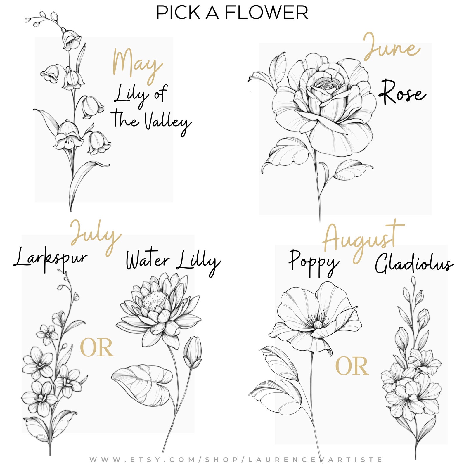 Custom Birth Month Flower Zodiac Sign | Line Art Tattoo | Personalized ...