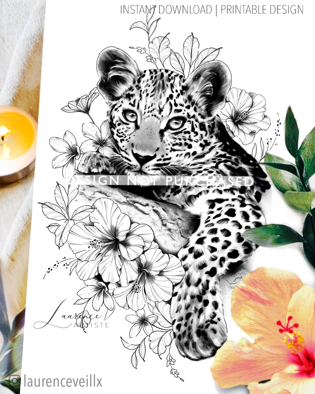 Instant Download Tattoo Design Leopard Hibiscus and Plumeria Printable ...
