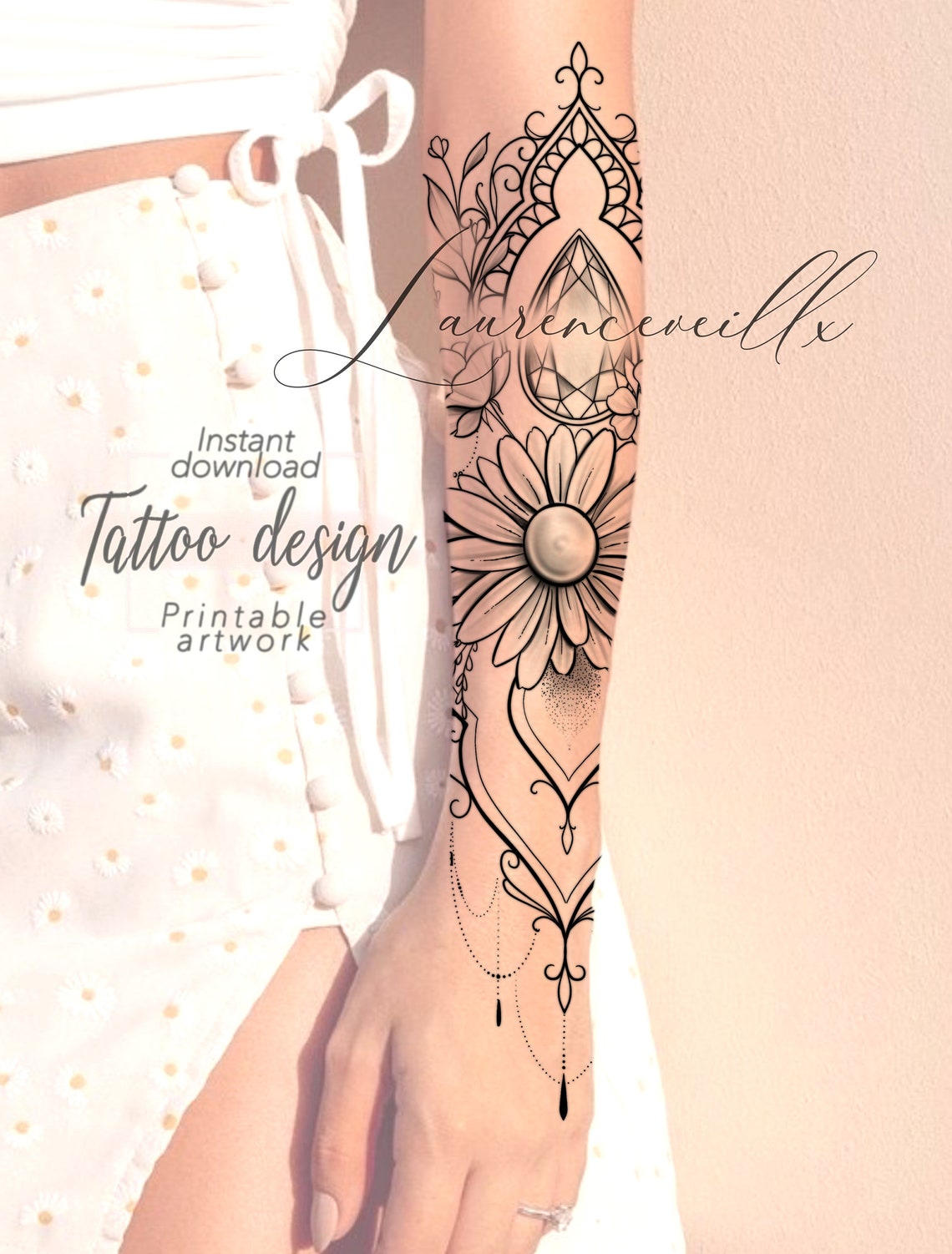 Printable Tattoo Design | Daisy Flowers Diamond | Digital Tattoo Design ...