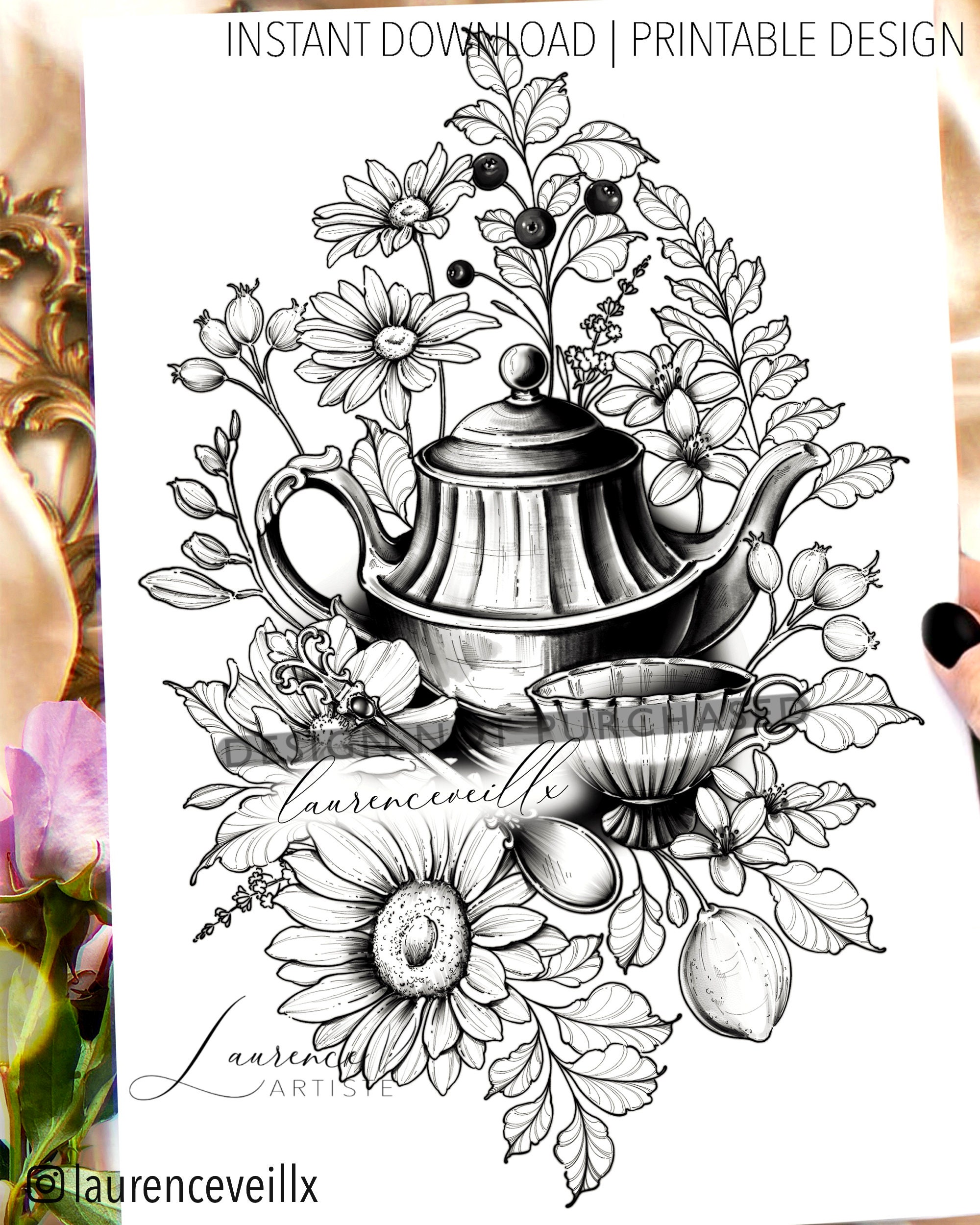 Instant Download Tattoo Design Tea-pot Tea Cup and - Etsy