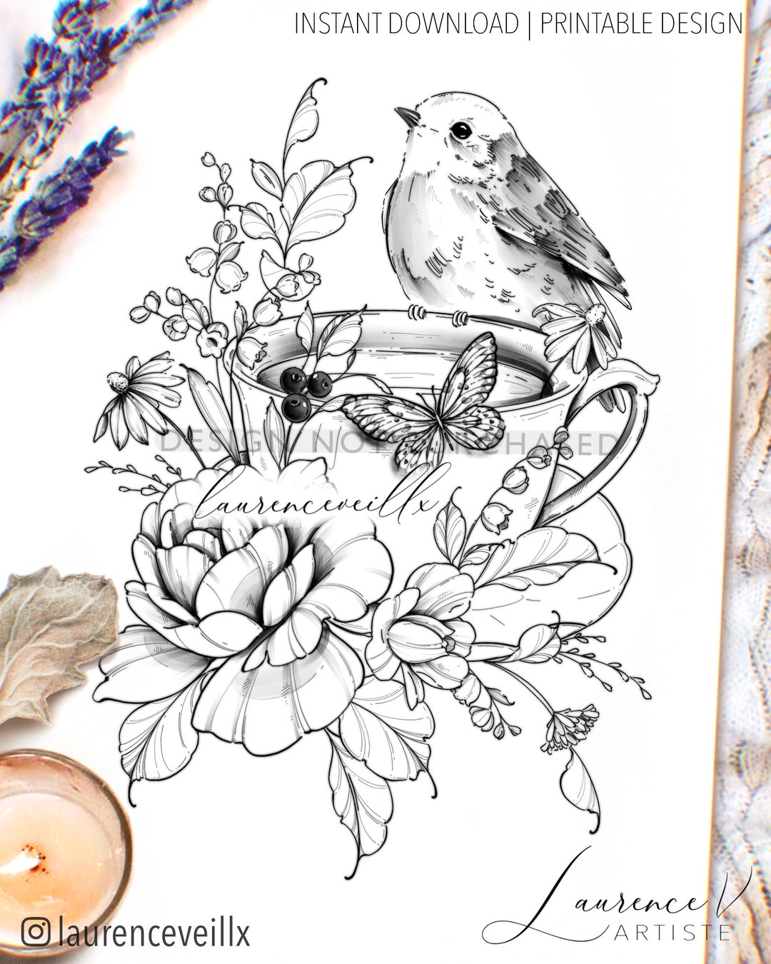 Instant Download Tattoo Design Tea Cup and Flowers Tattoo Printable ...