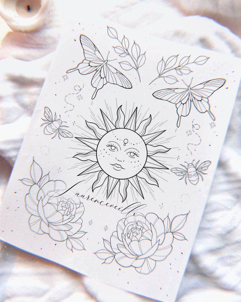 Art Print | Coloring | Sun Moon Flowers and Butterflies Celestial ...