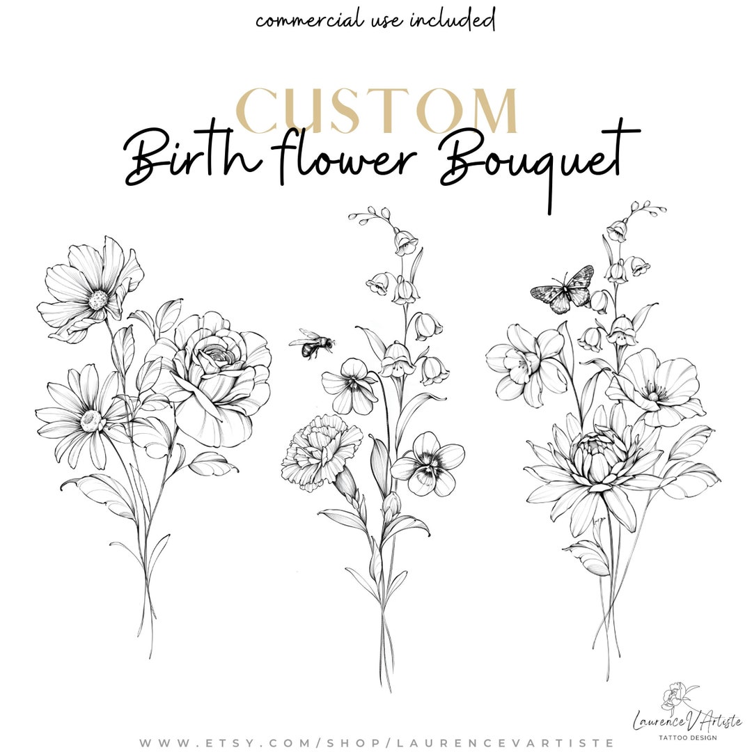 Custom Birth Month Flower Bouquet Line Art Tattoo Personalized Family ...