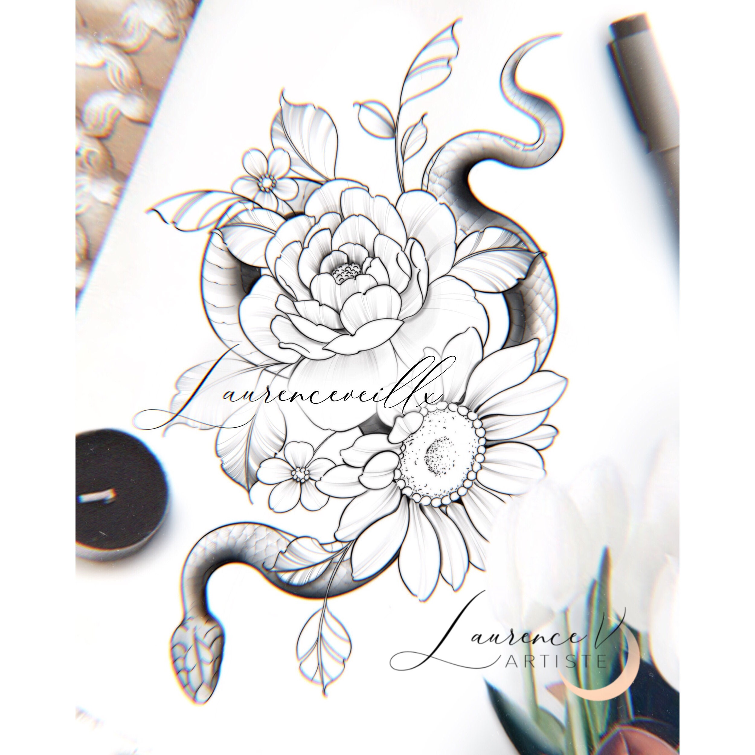 Instant Download Tattoo Design Snake Peony and Sunflower - Etsy UK