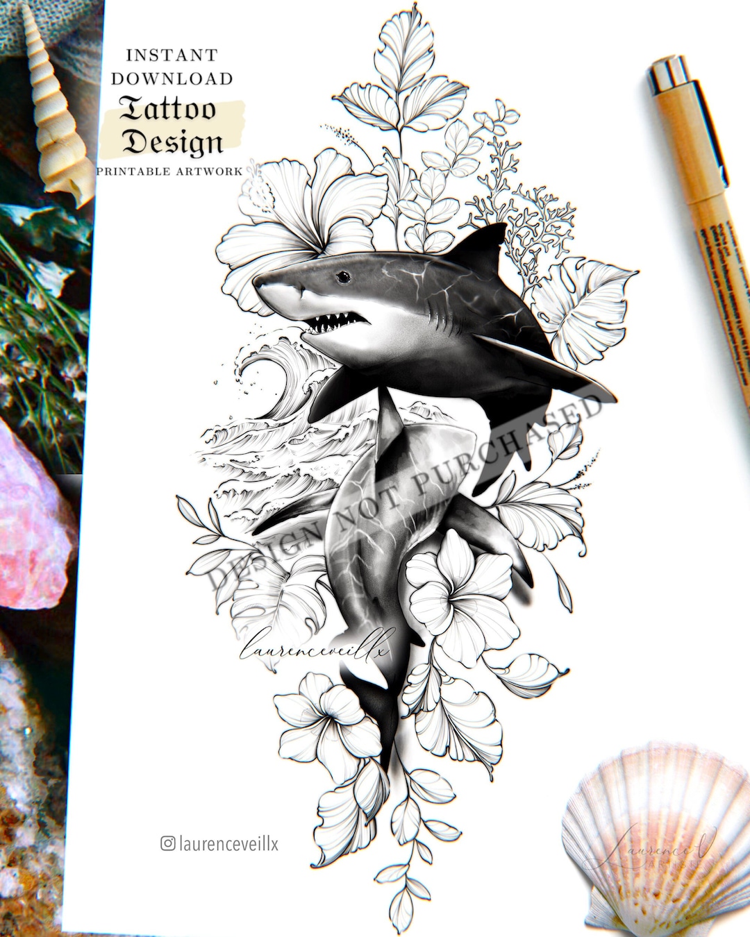 Shark Tattoo Design for Women | Sea Animal Flower Tattoo Drawing Stamps ...