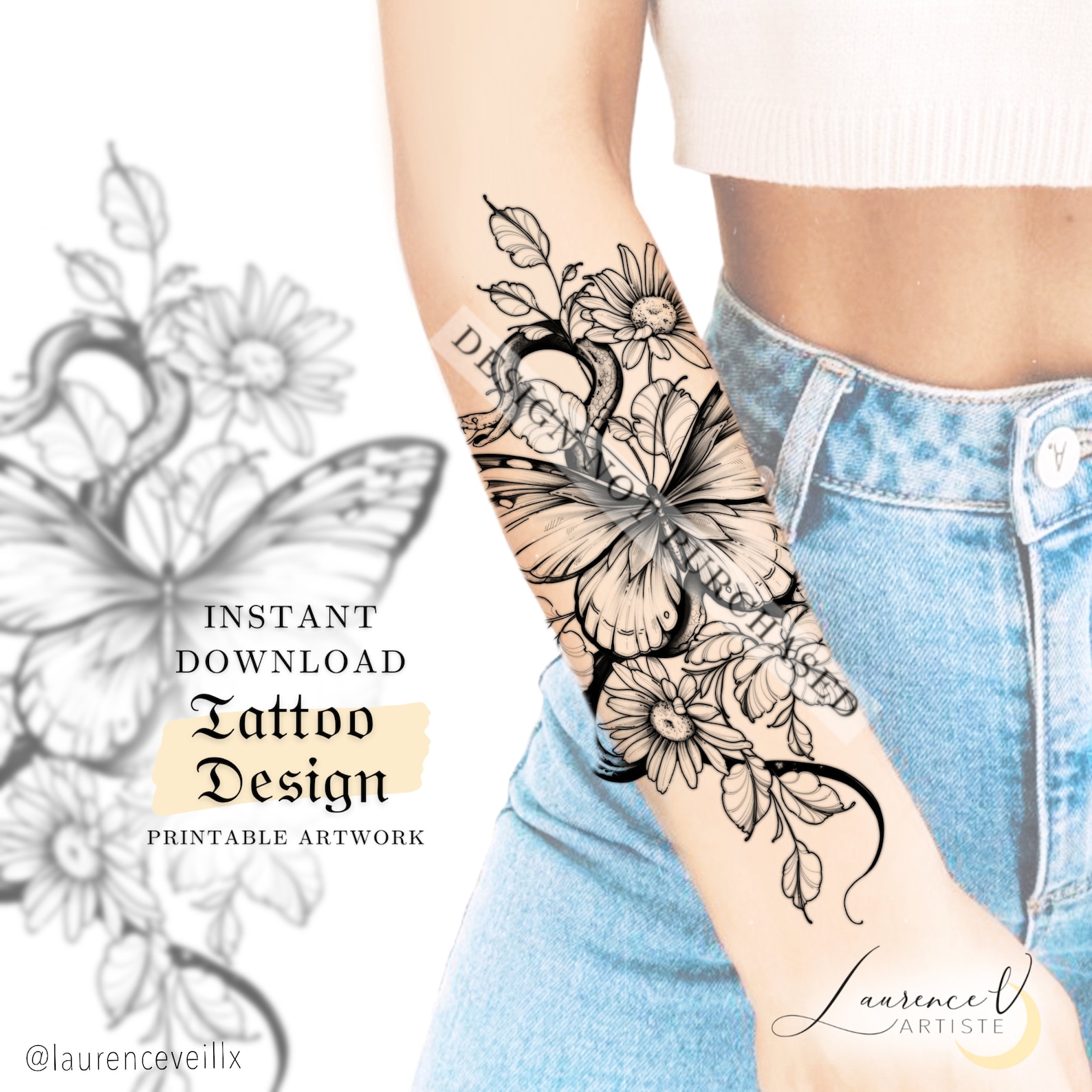 Instant Download Tattoo Design Butterfly Snake and Daisy - Etsy