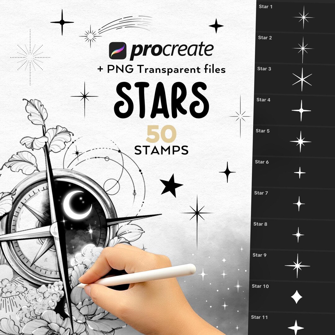Procreate Brushes Stars Stamps PNG Files | Star Sparkle Celestial Galaxy Shooting Star Glitter ...
