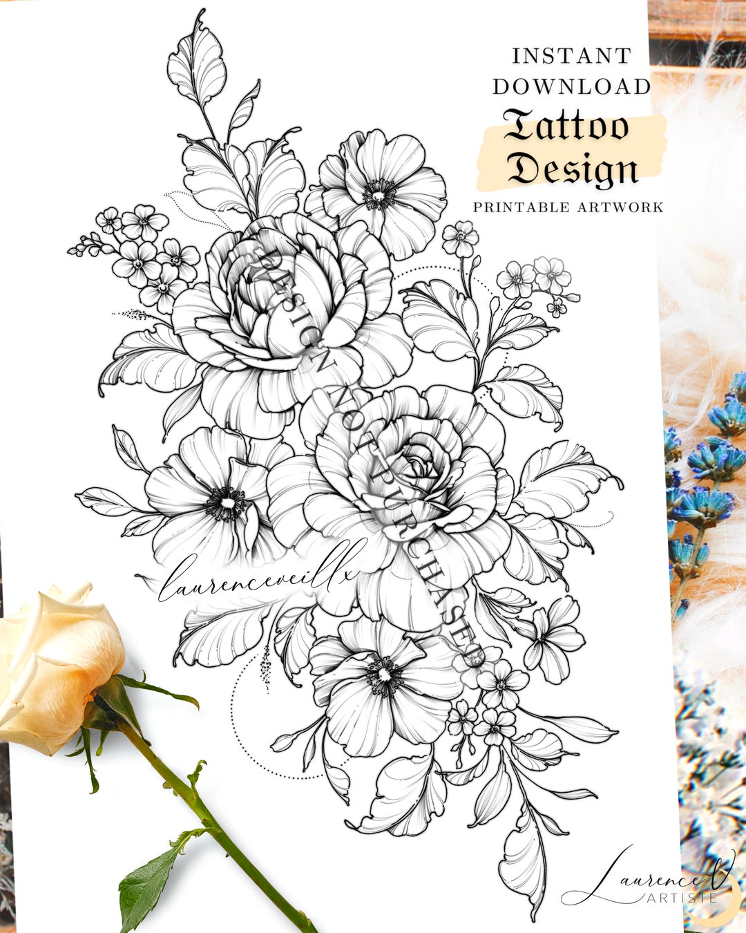 Printable Tattoo Design Instant Download Tattoo Design Roses and Forget ...