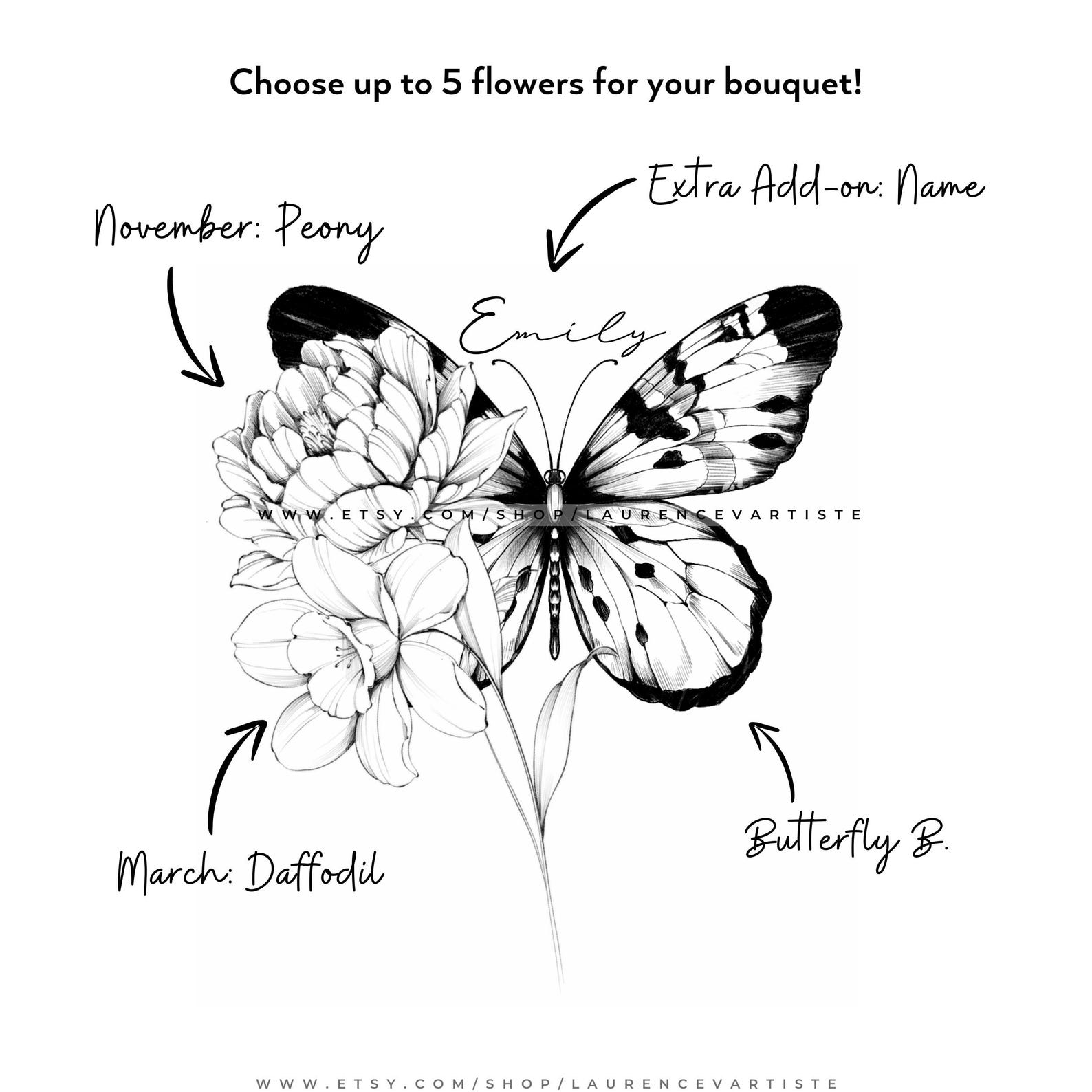 Custom Birth Flower Butterfly Bouquet | Line Art Tattoo | Personalized ...
