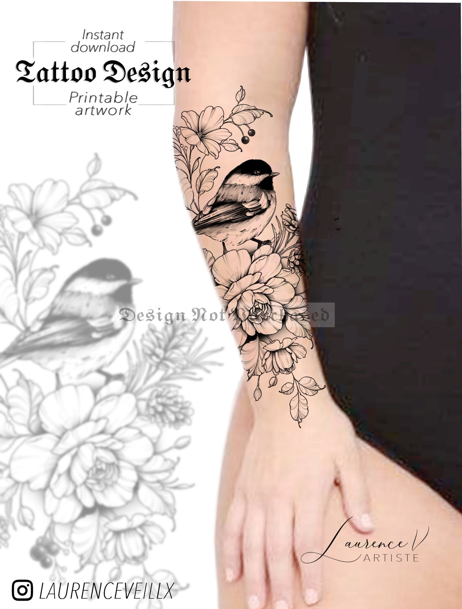 Chickadee Bird Tattoo Design for Women | Animal Flower Tattoo Drawing ...