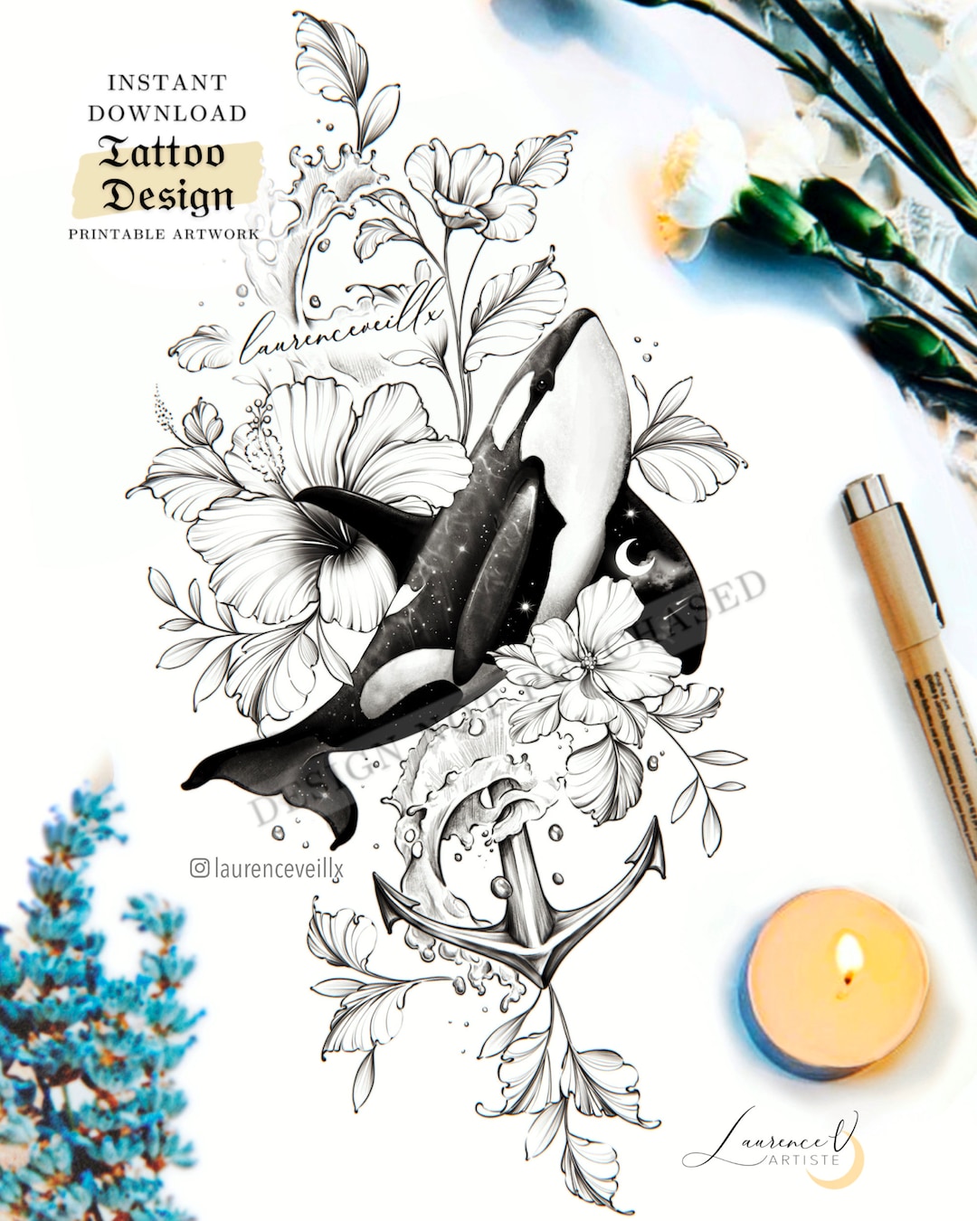 Tattoo Design Ideas for Women | Orca Whale Animal Hibiscus Anchor ...