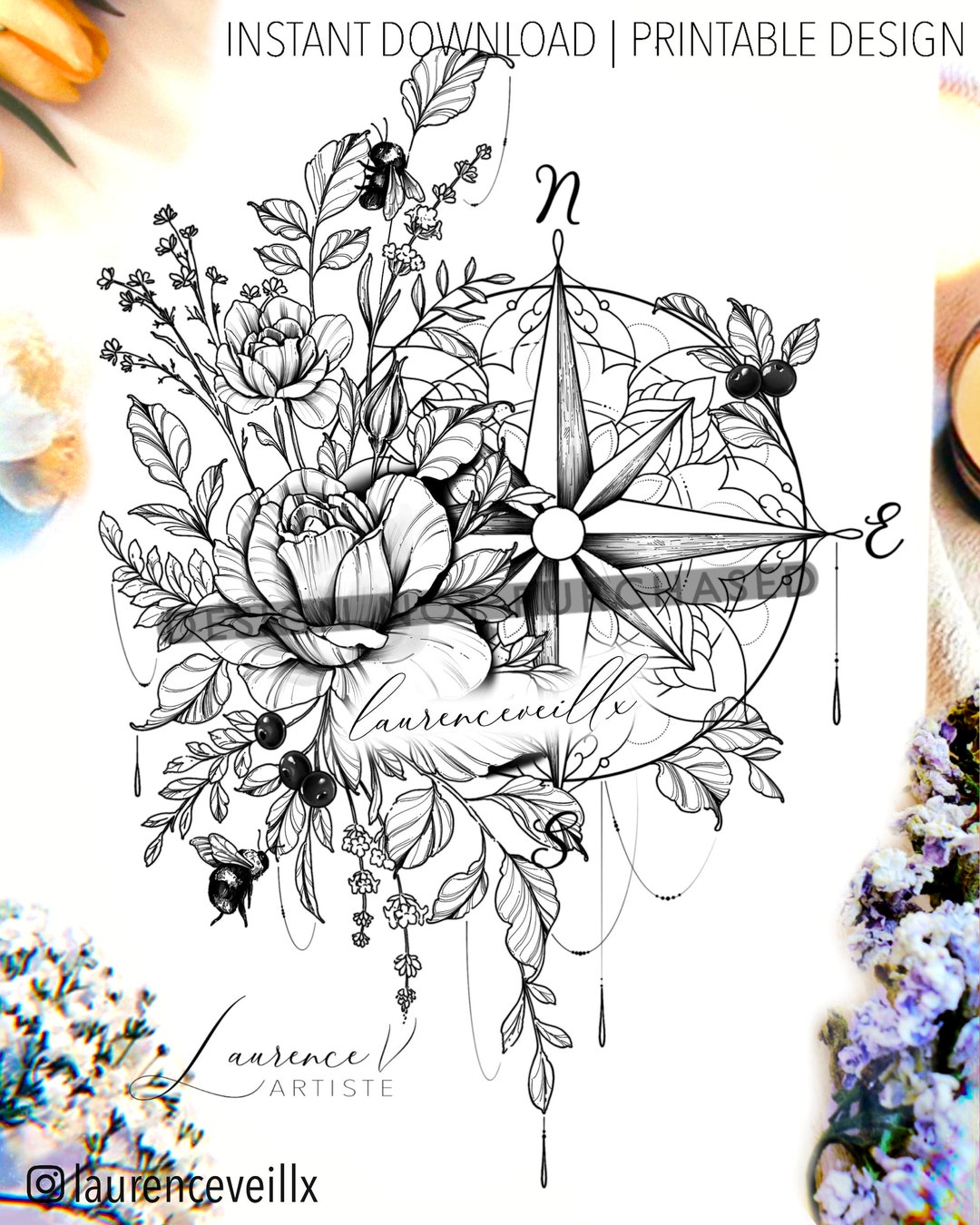 Tattoo Design | Instant Download | Compass Rose and Wild Berries ...