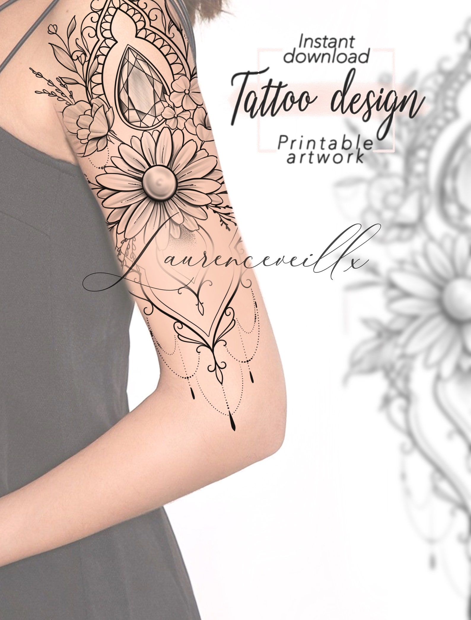 Printable Tattoo Design | Daisy Flowers Diamond | Digital Tattoo Design ...