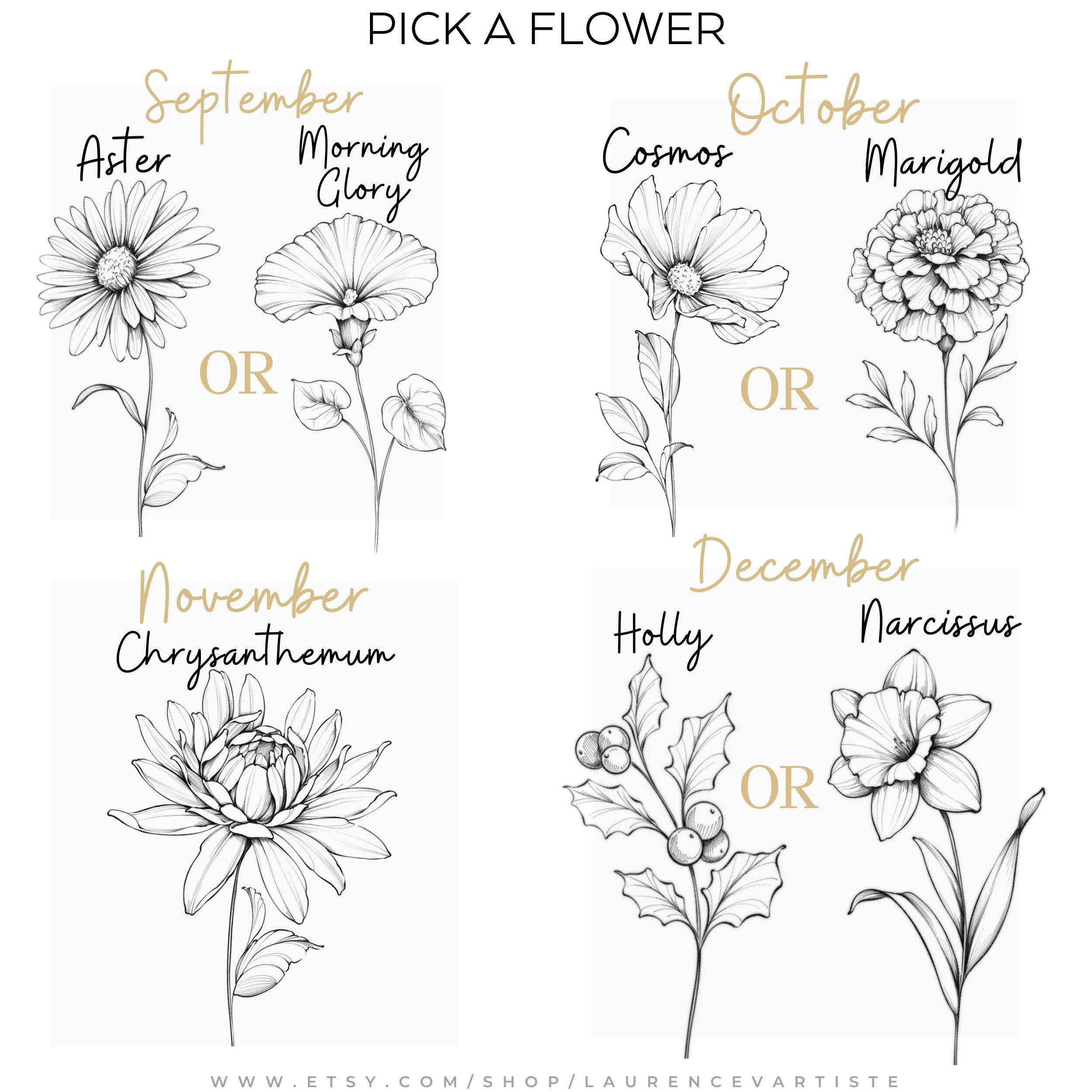 Custom Birth Month Flower Zodiac Sign | Line Art Tattoo | Personalized ...