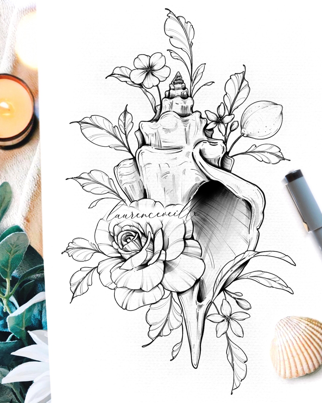 Sea Shell Tattoo Design for Women | Ocean Flower Tattoo Drawing Stamps ...