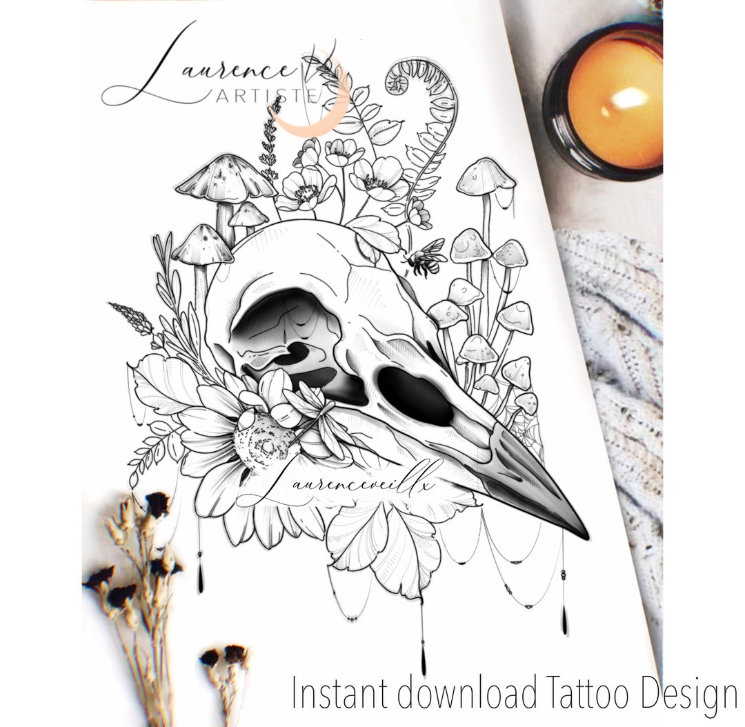 Tattoo Design | Instant Download | Raven Skull, Sunflower, Bee and ...