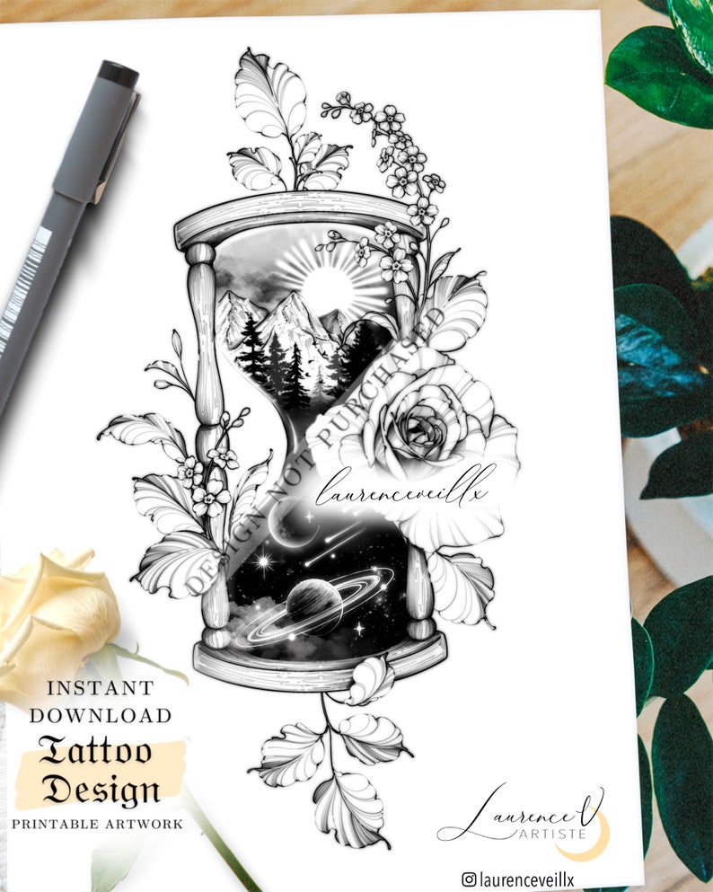 Hourglass Tattoo Design for Women | Hourglass Flower Floral Galaxy ...