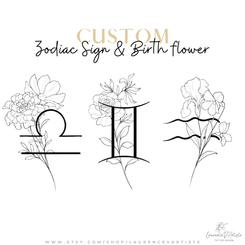 Custom Birth Month Flower Zodiac Sign | Line Art Tattoo | Personalized ...
