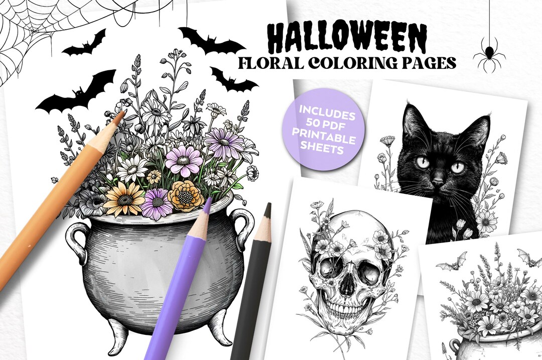 Halloween Coloring Pages for Adults and Kids | Cozy Floral Spooky ...