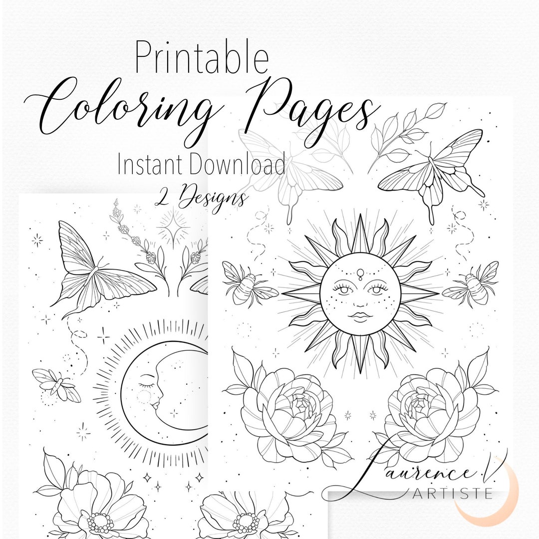Art Print | Coloring | Sun Moon Flowers and Butterflies Celestial ...