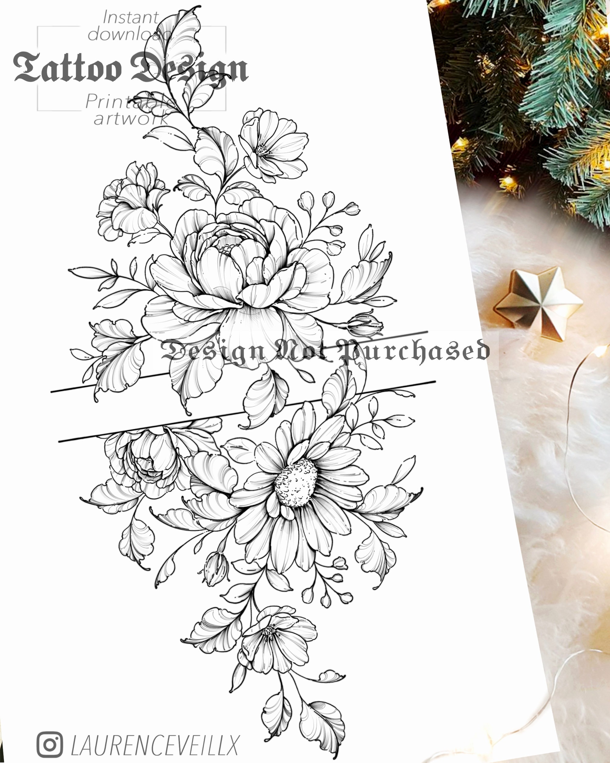 Instant Download Tattoo Design Peony Daisy Et Leaves - Etsy