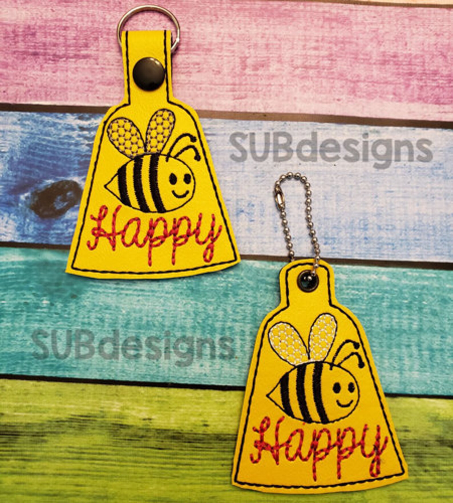 Bee Happy Snap Tab Design in the Hoop Embroidery Embroider Keychain ...