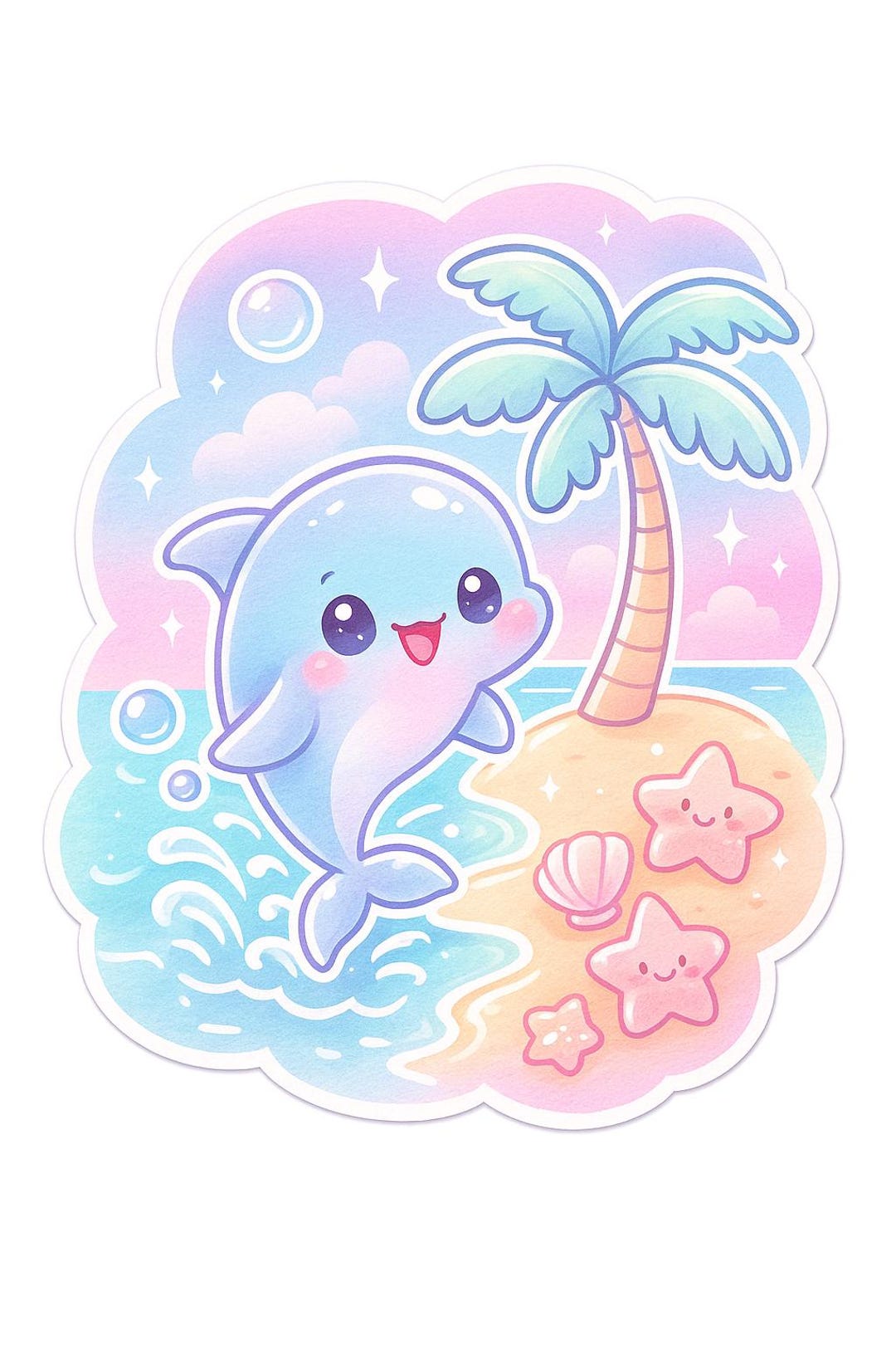 Cute Dolphin Beach Vinyl Sticker | Pastel Kawaii Ocean Decal ...