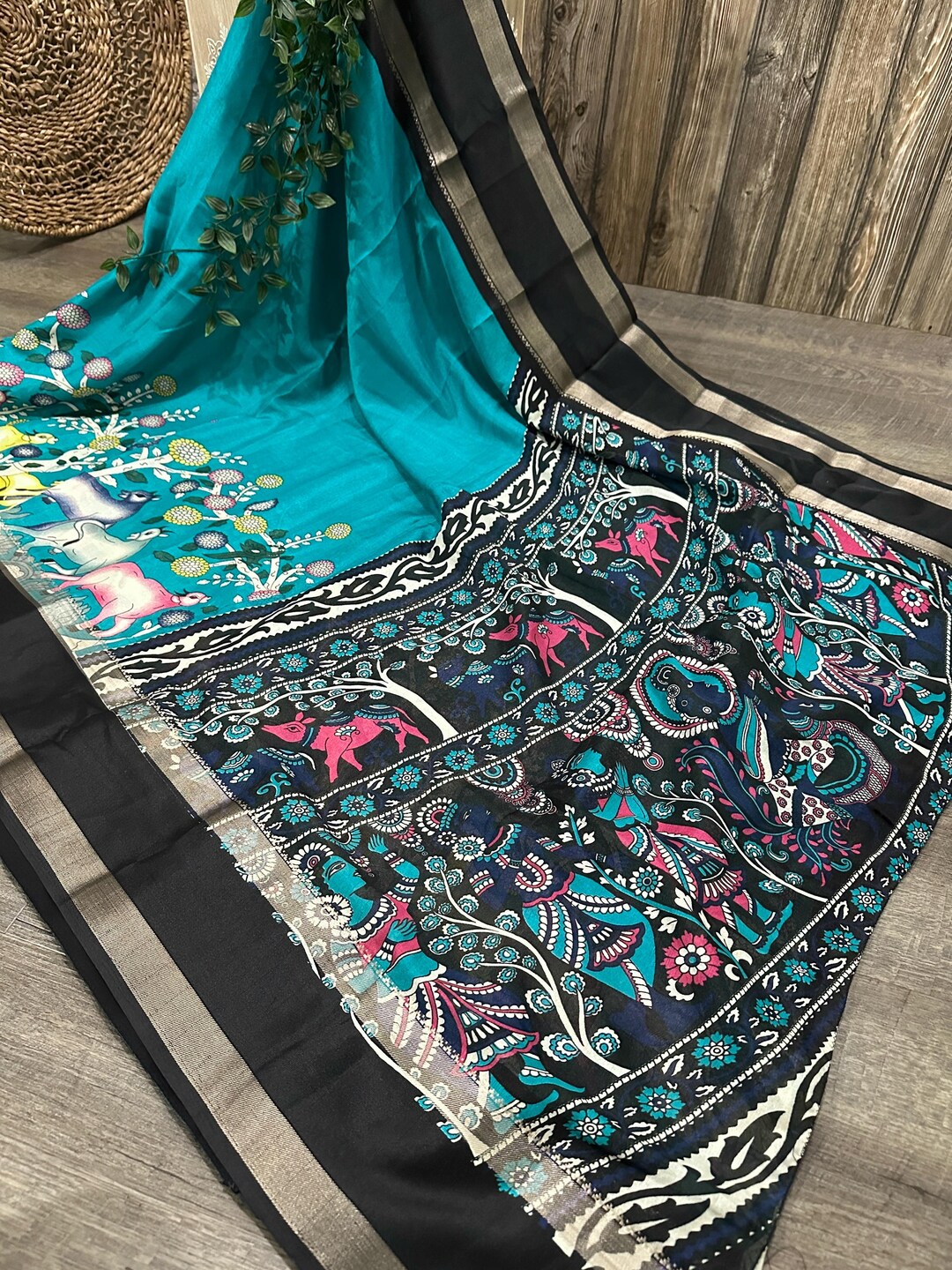Printed Teal Vegan Silk Saree /fall Attached /free Shipping in US - Etsy