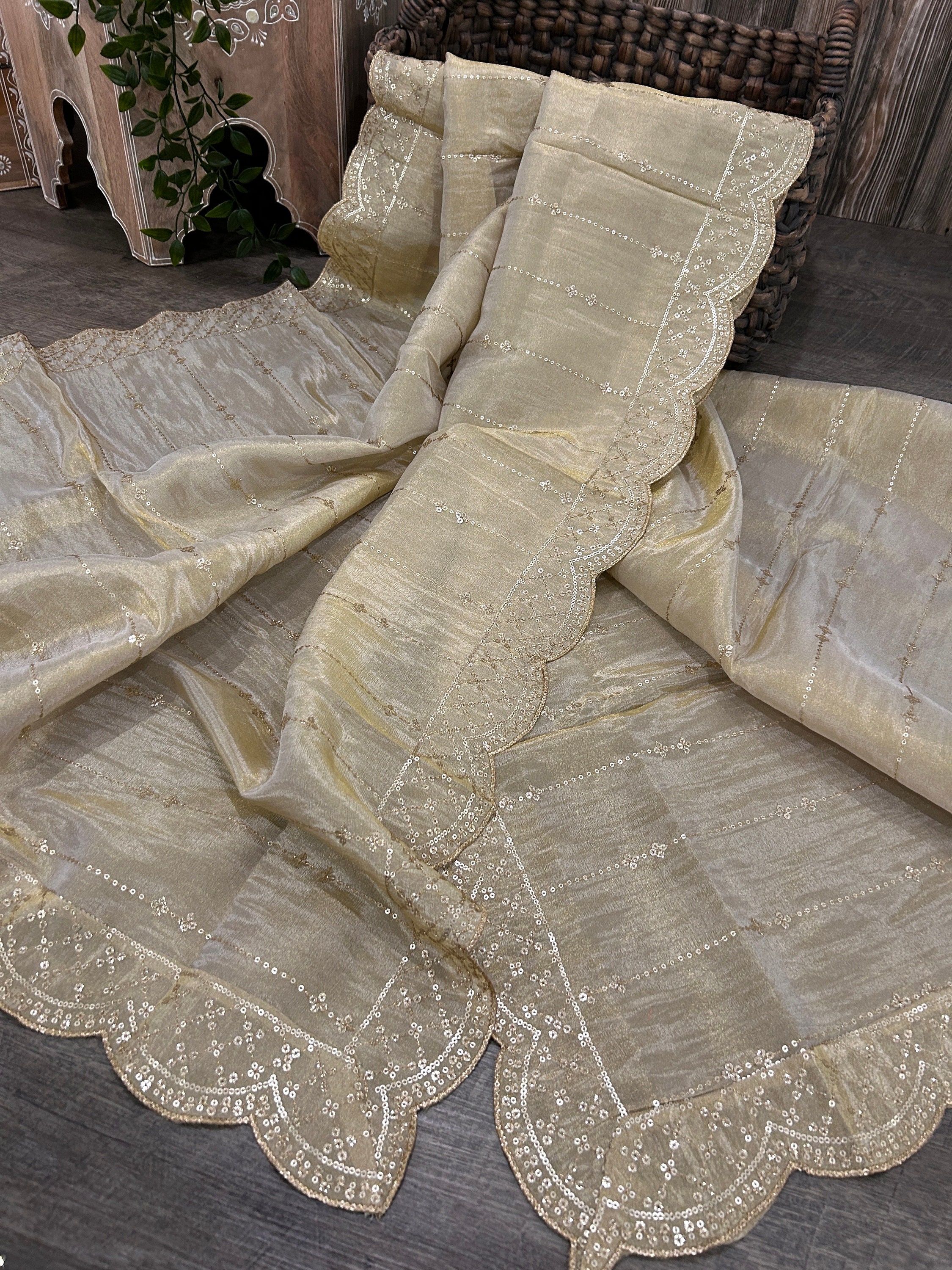 Embroidered Gold Tissue Dupatta /Stole/Wrap/ Free Shipping