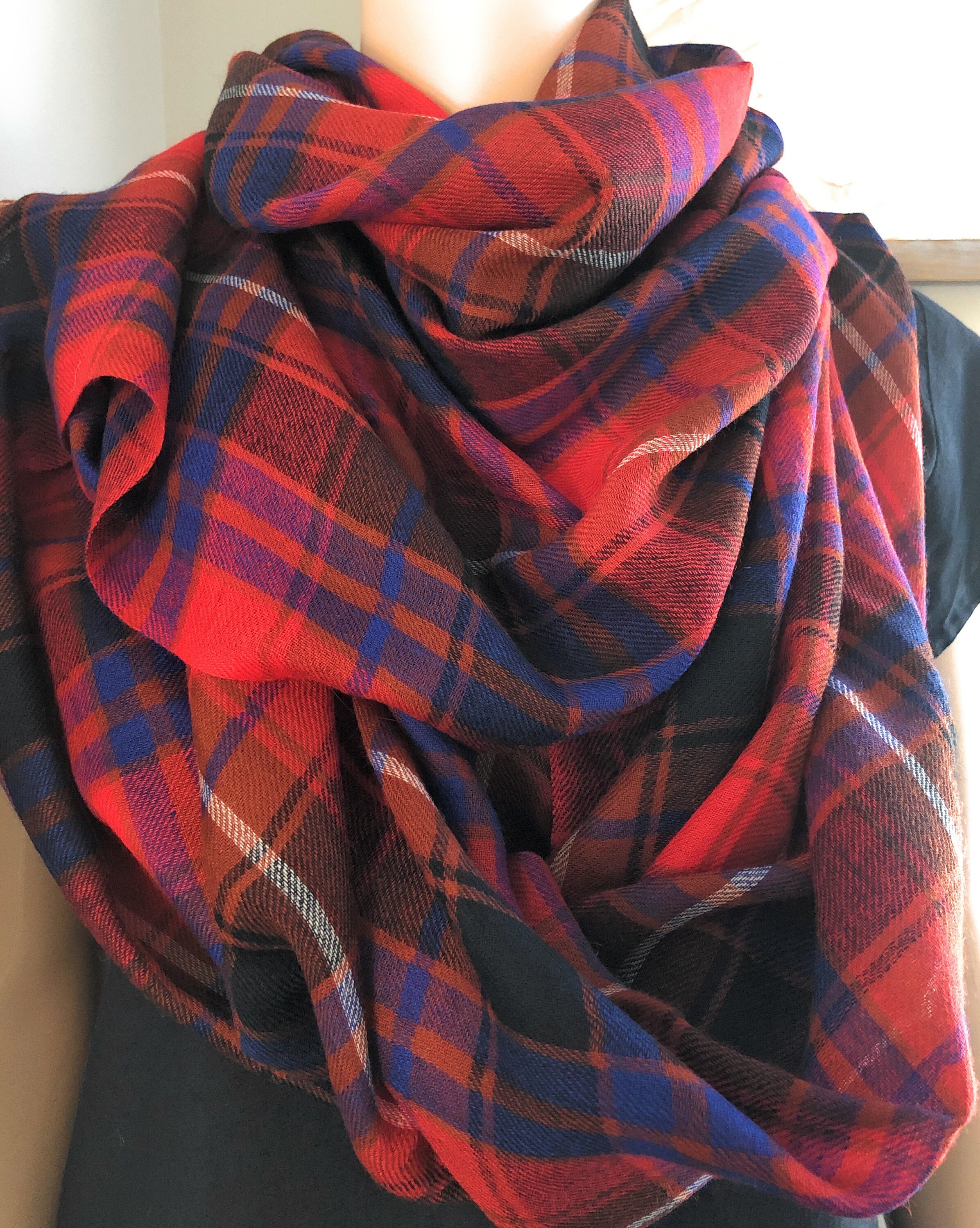 Red Plaid Pure Wool Lightweight Shawl Unisex Shawl/wrap / | Etsy