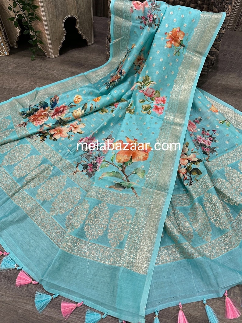 Blue Floral Banarsi Dupatta / Pure Chanderi Silk /free Shipping in US ...