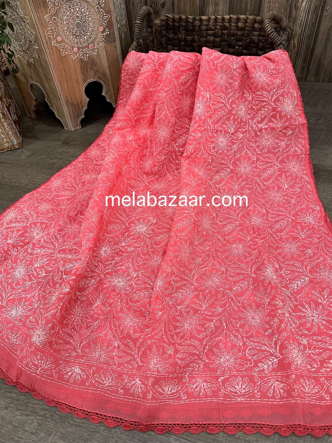 Coral Pink Chikankari Cotton Dupatta / Hand Embroidered/ Free - Etsy