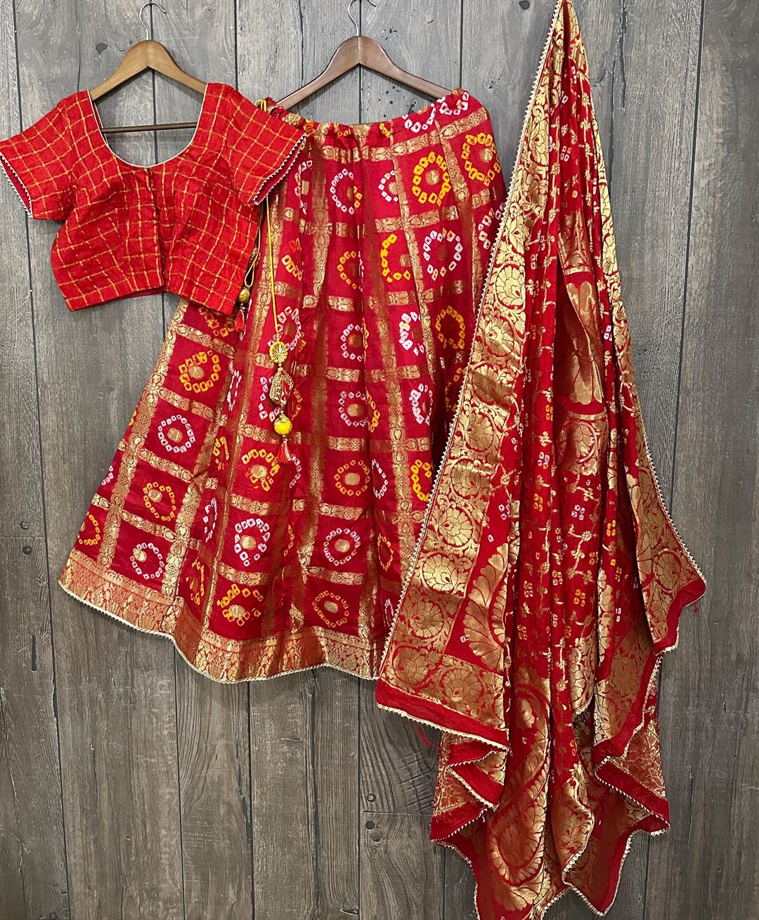 Bandhej Red Lehenga Set on Art Silk / Blouse and Dupatta Included ...