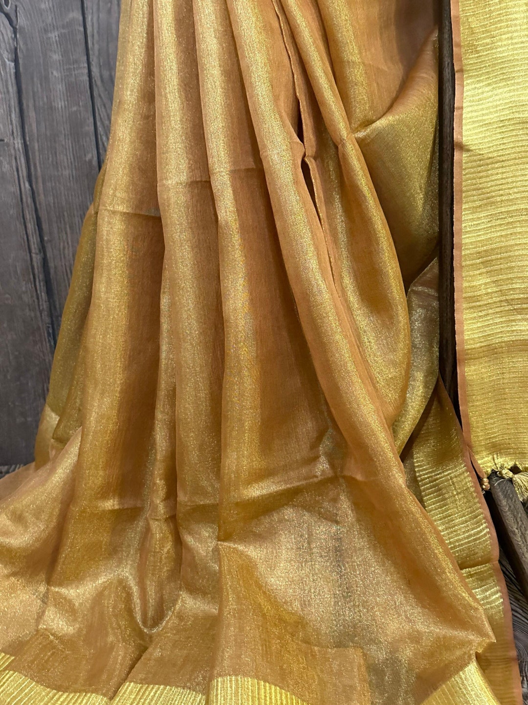 Gold Copper Linen Tissue Saree / Beautiful and Lightweight /free ...