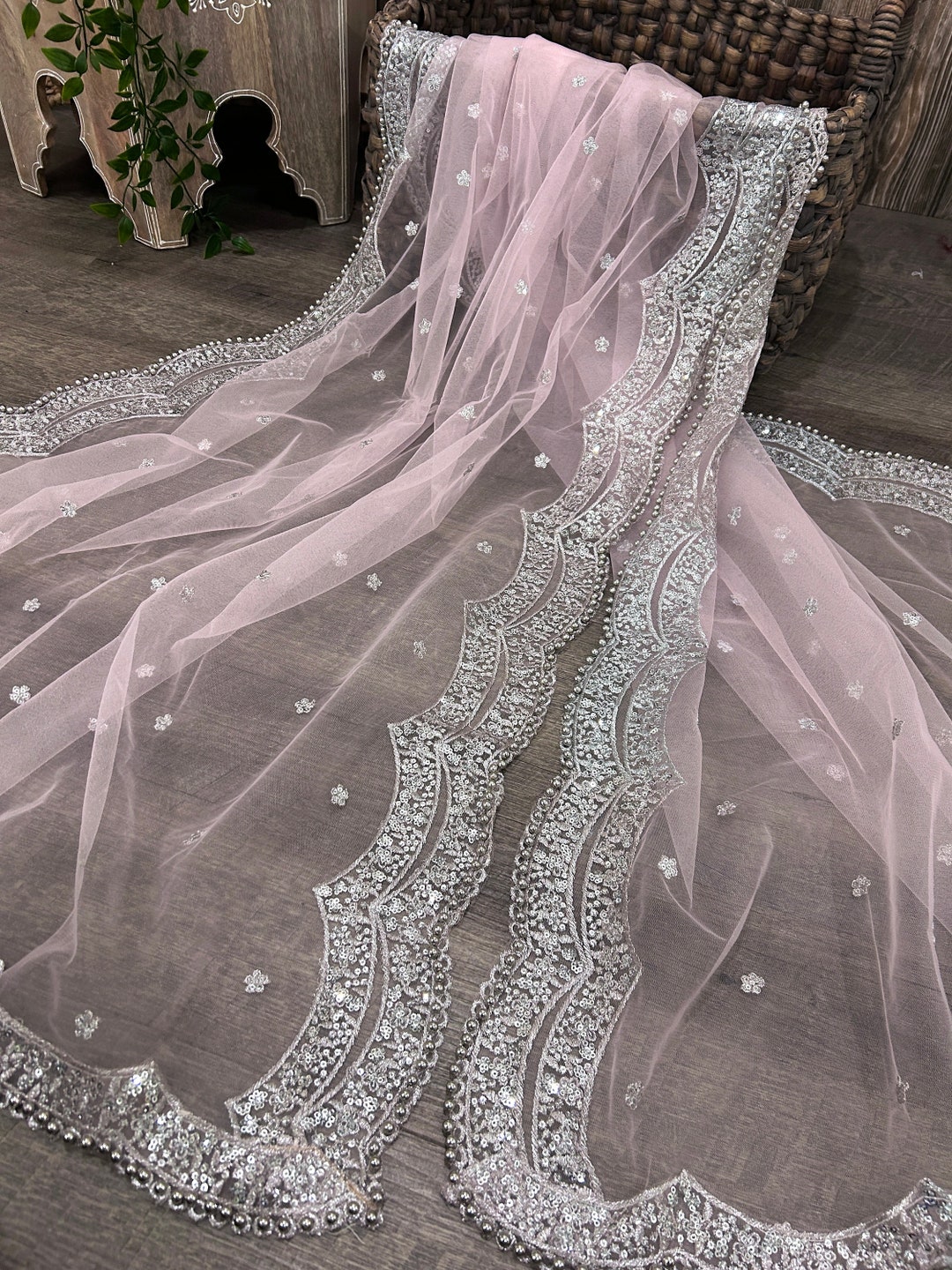 Silver and Baby Pink Net Dupatta /stole /wrap, Free Shipping - Etsy
