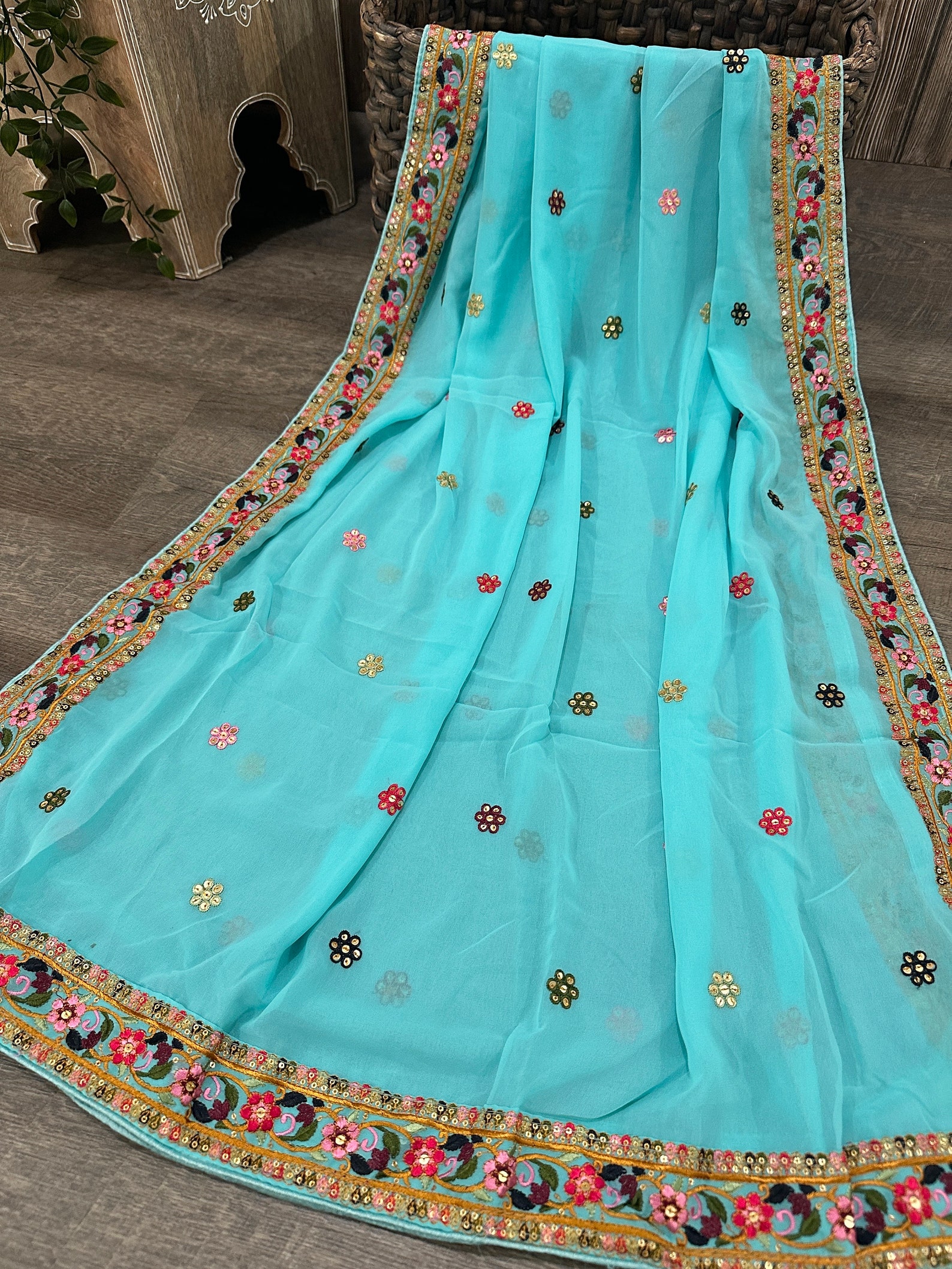 Embroidered Blue Georgette Dupatta /stole/wrap, Free Shipping in US - Etsy