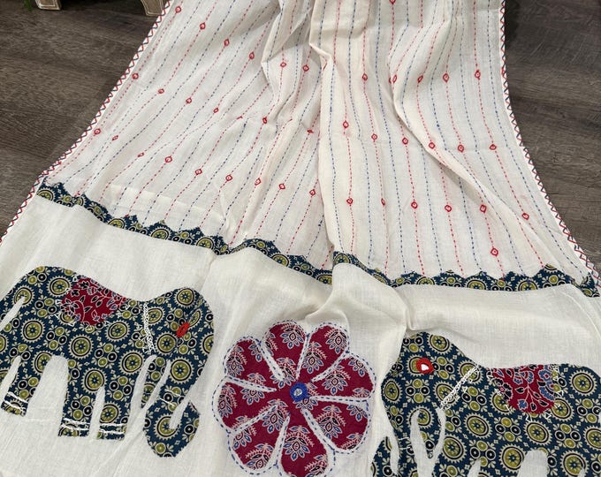 Off White Ajrakh Elephant Appliqué Dupatta on Pure Cotton / Oversized ...