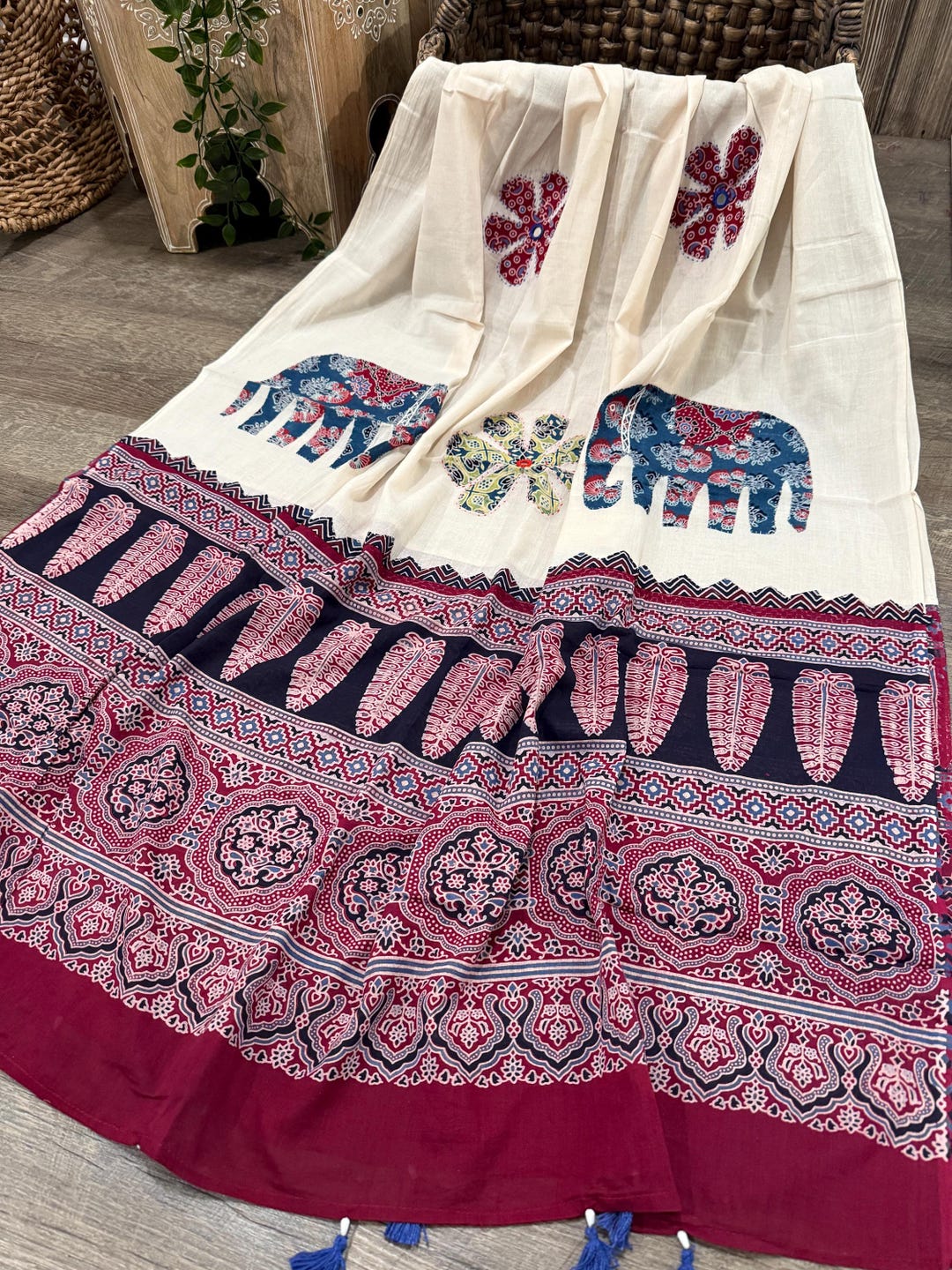 Off White Ajrakh Elephant Appliqué Dupatta on Pure Cotton / Oversized ...