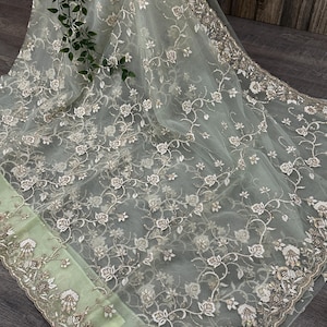 Floral Embroidered Green Net Saree /free Shipping in US - Etsy