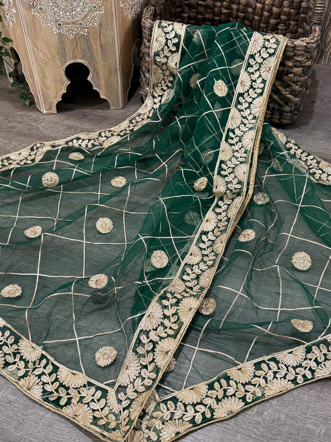 Bottle Green Net Dupatta /stole/wrap/ Ships From Ohio - Etsy