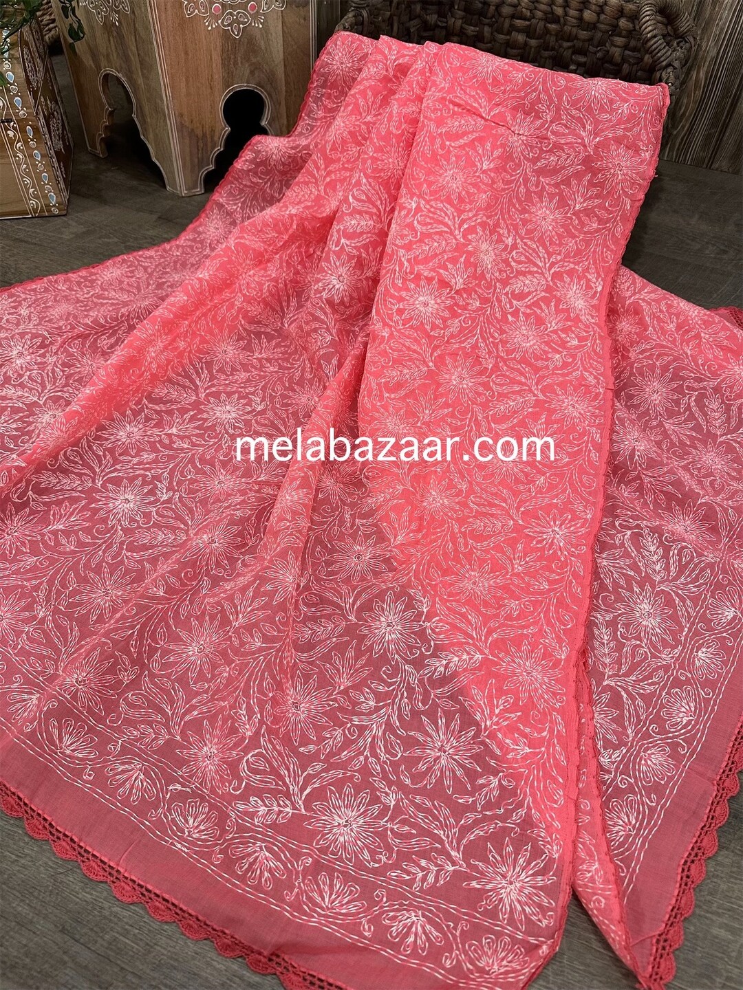 Coral Pink Chikankari Cotton Dupatta / Hand Embroidered/ Free Shipping ...