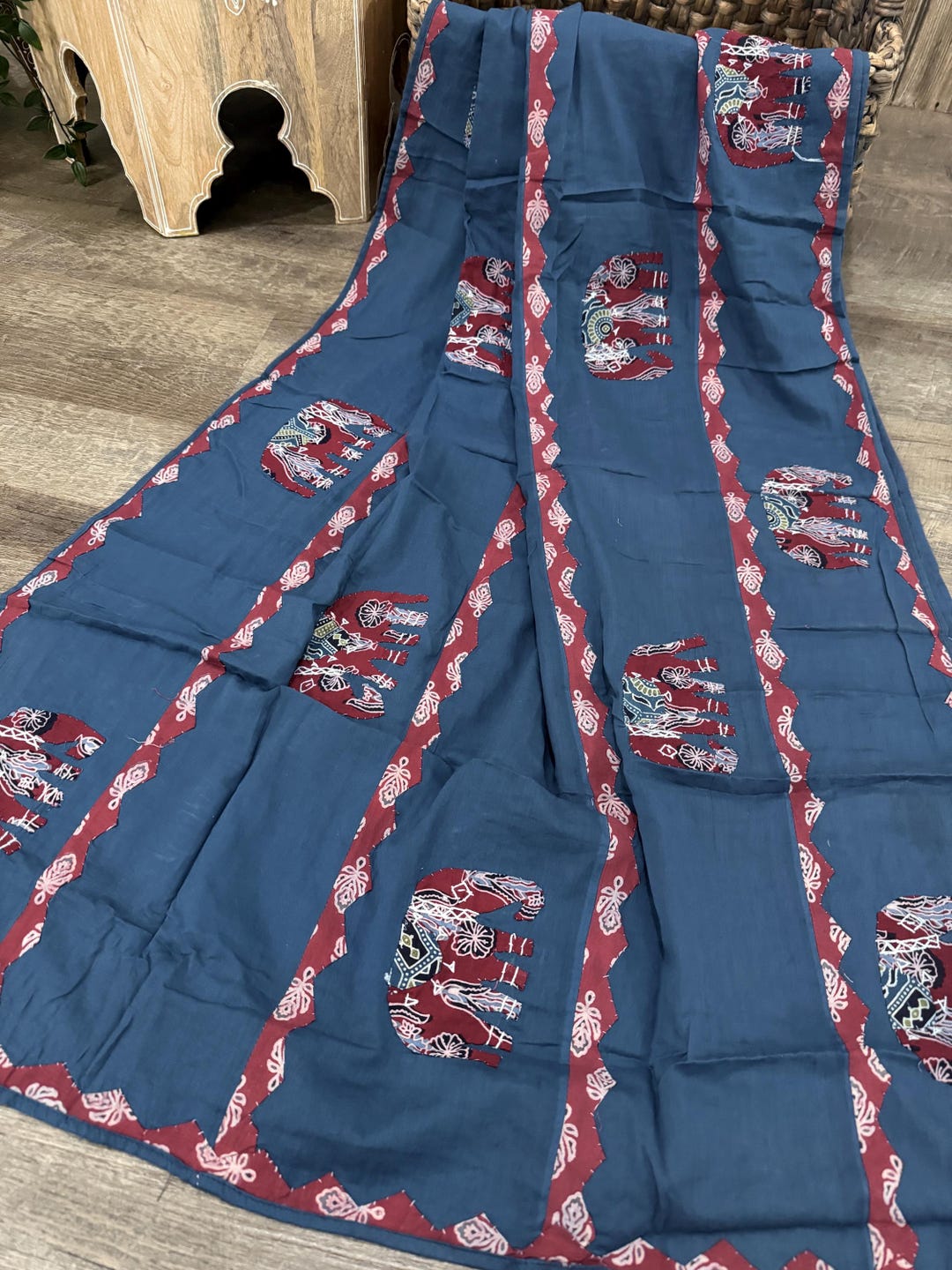 Indigo Ajrakh Elephant Appliqué Dupatta on Pure Cotton / Oversized ...